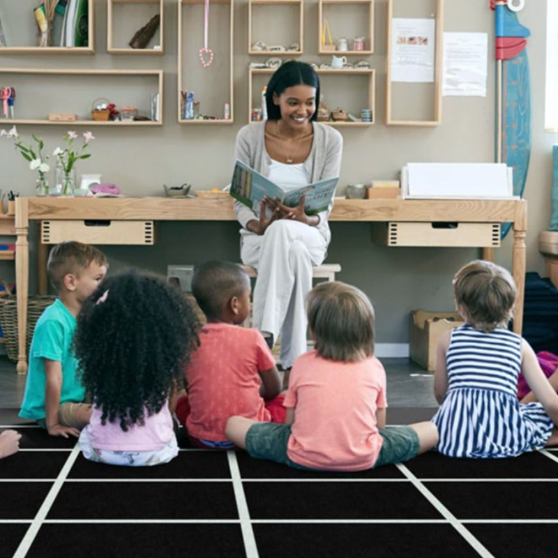 Night Sky Black with White Grid Classroom Seating Rug